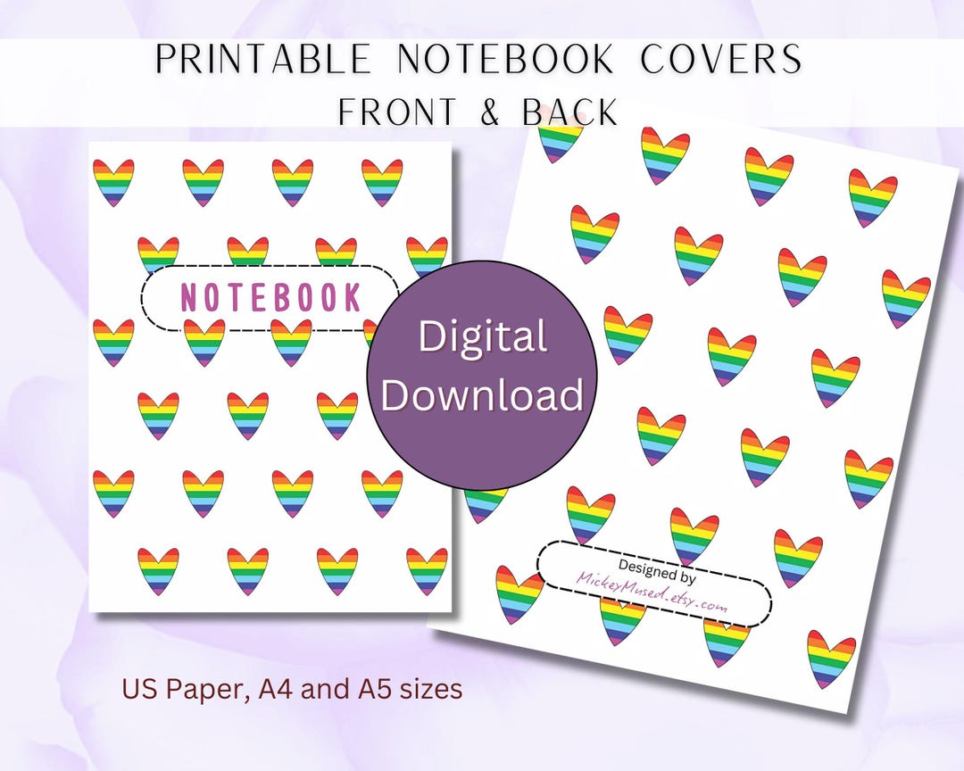 Printable Rainbow Heart Notebook Cover, Pride Stationery, US Letter, A5 ...