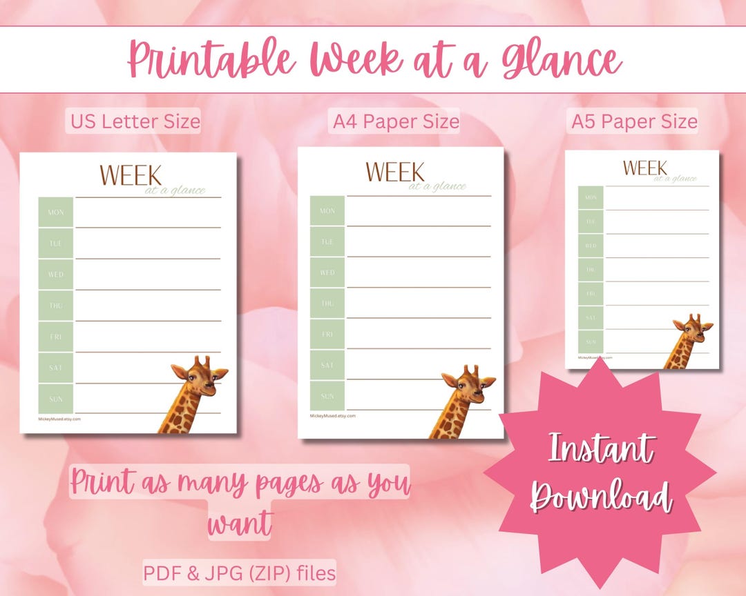 Giraffe Week at a Glance Printable Page, 3 Sizes for Planners ...