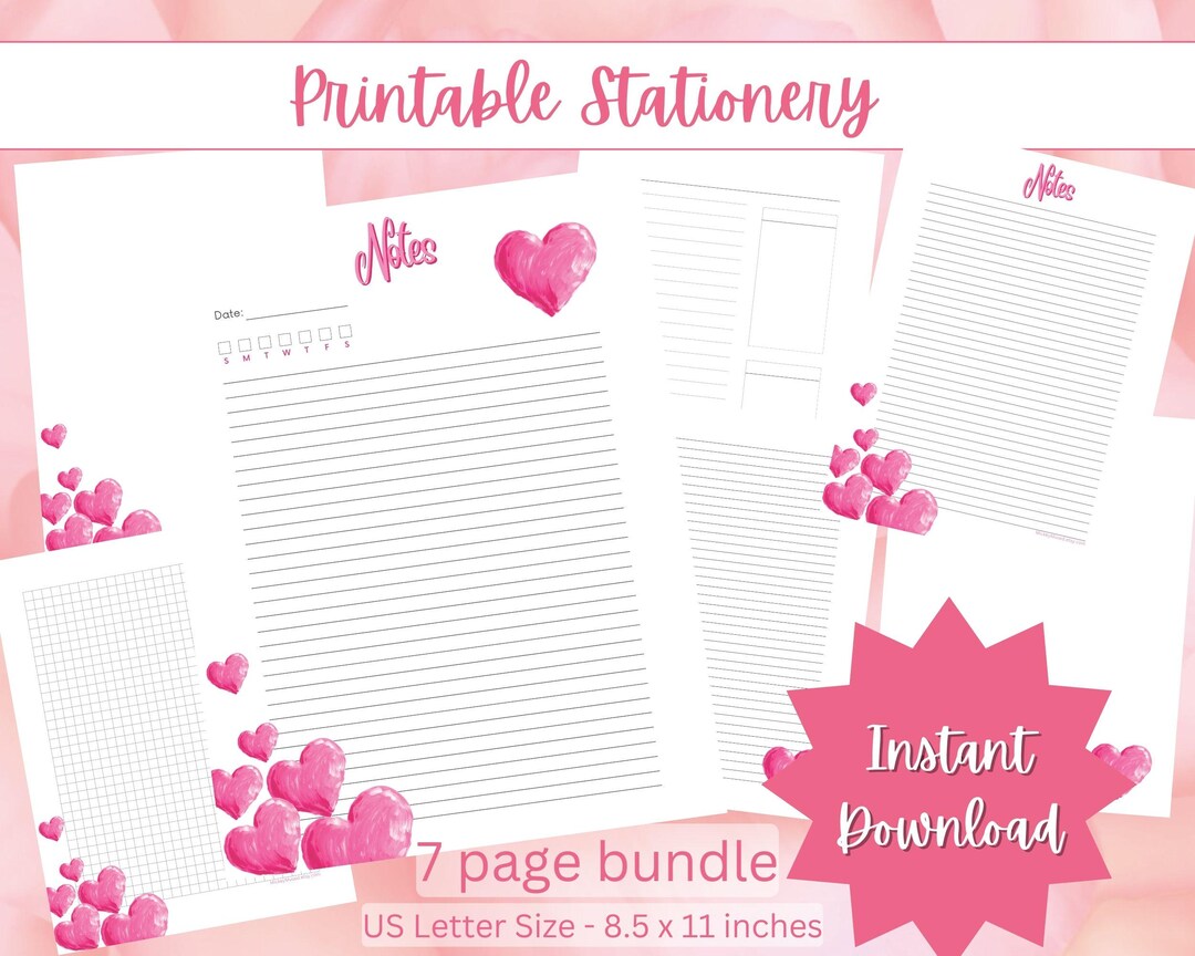 Pink Hearts Note Paper, Printable Stationery, Lined & Blank Pages ...