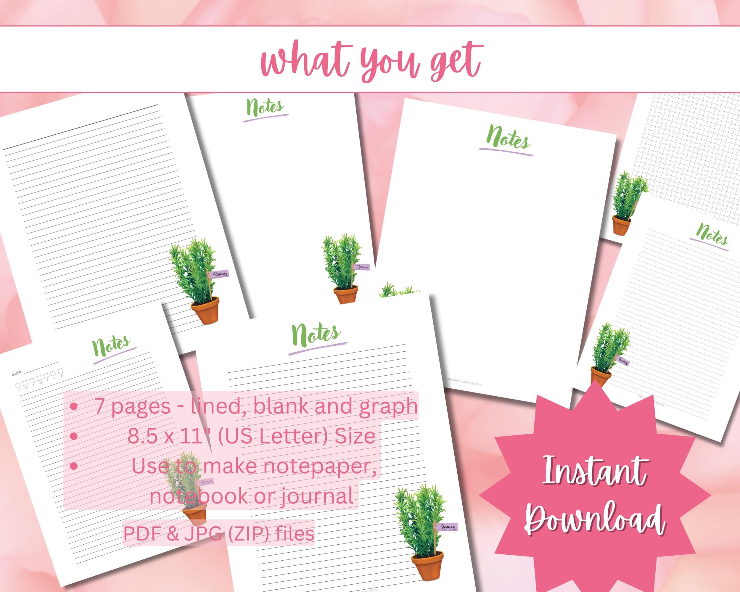 Printable Rosemary Lined, Blank and Grid Note Paper, Stationery in US ...