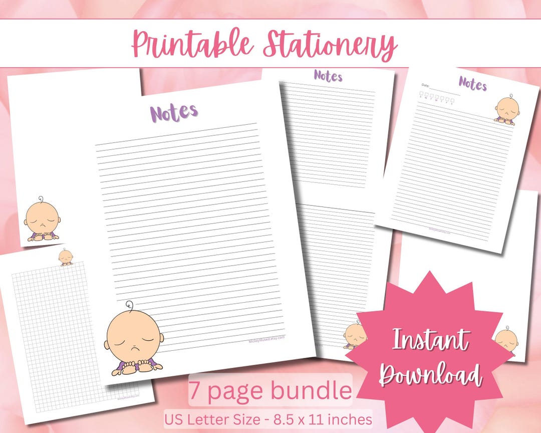 Cute Pouty Baby Stationery, Printable Lined, Blank and Grid Note Paper ...