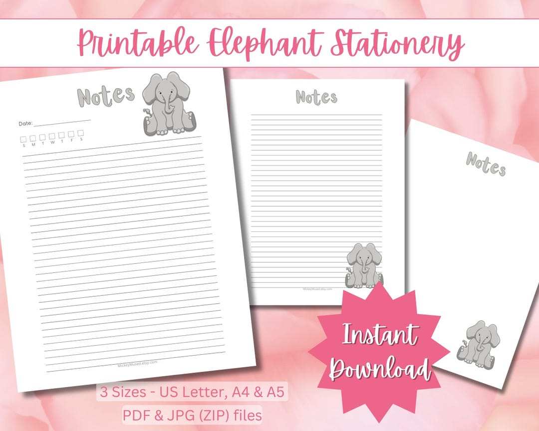 Elephant Stationery, Printable Lined & Blank Pages, Notebook Writing ...