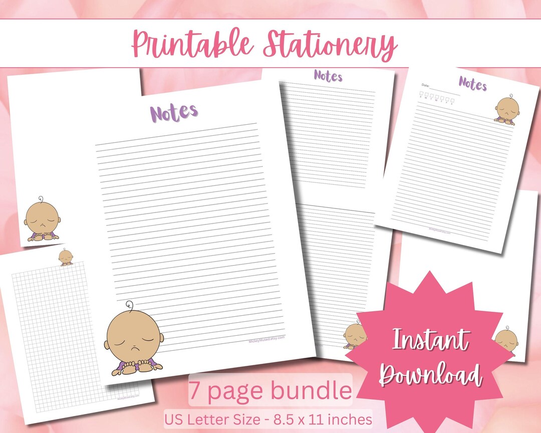 Cute Pouty Baby Stationery, Printable Lined, Blank and Grid Note Paper ...