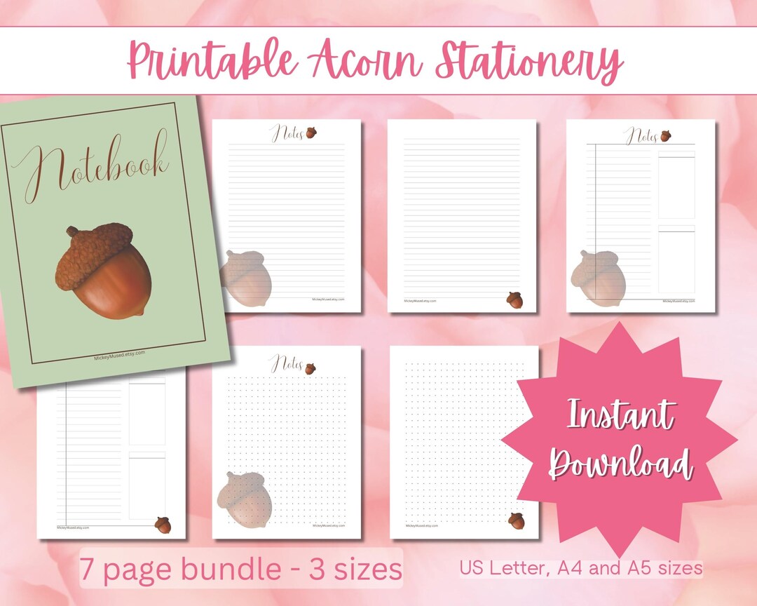 Acorn Printable Stationery, Lined Pages, Notebook Writing Paper, US ...