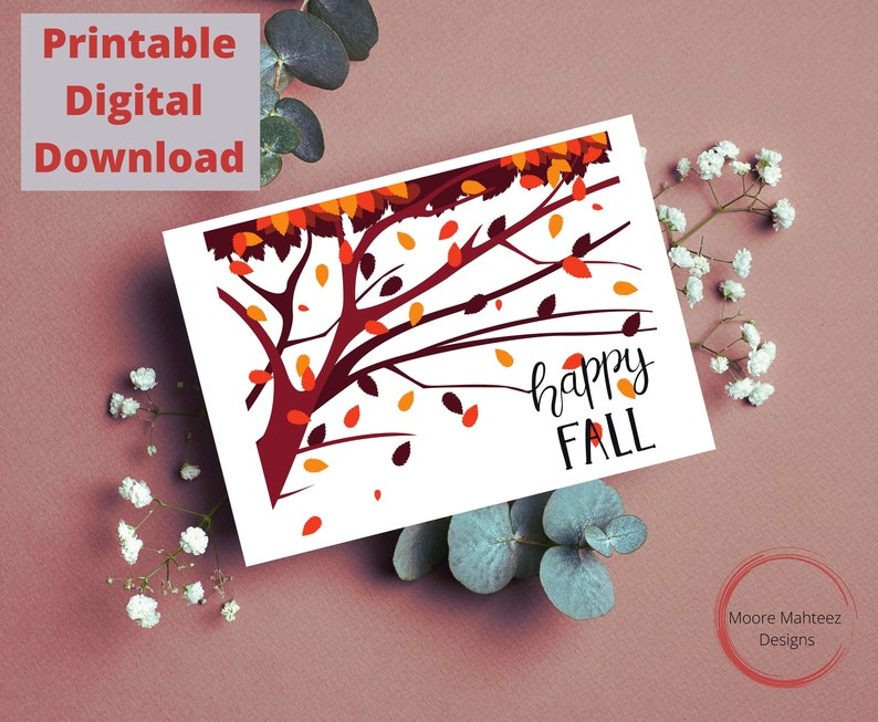 Printable Greeting Card | Happy Fall Card | Autumn Leaves and Tree ...