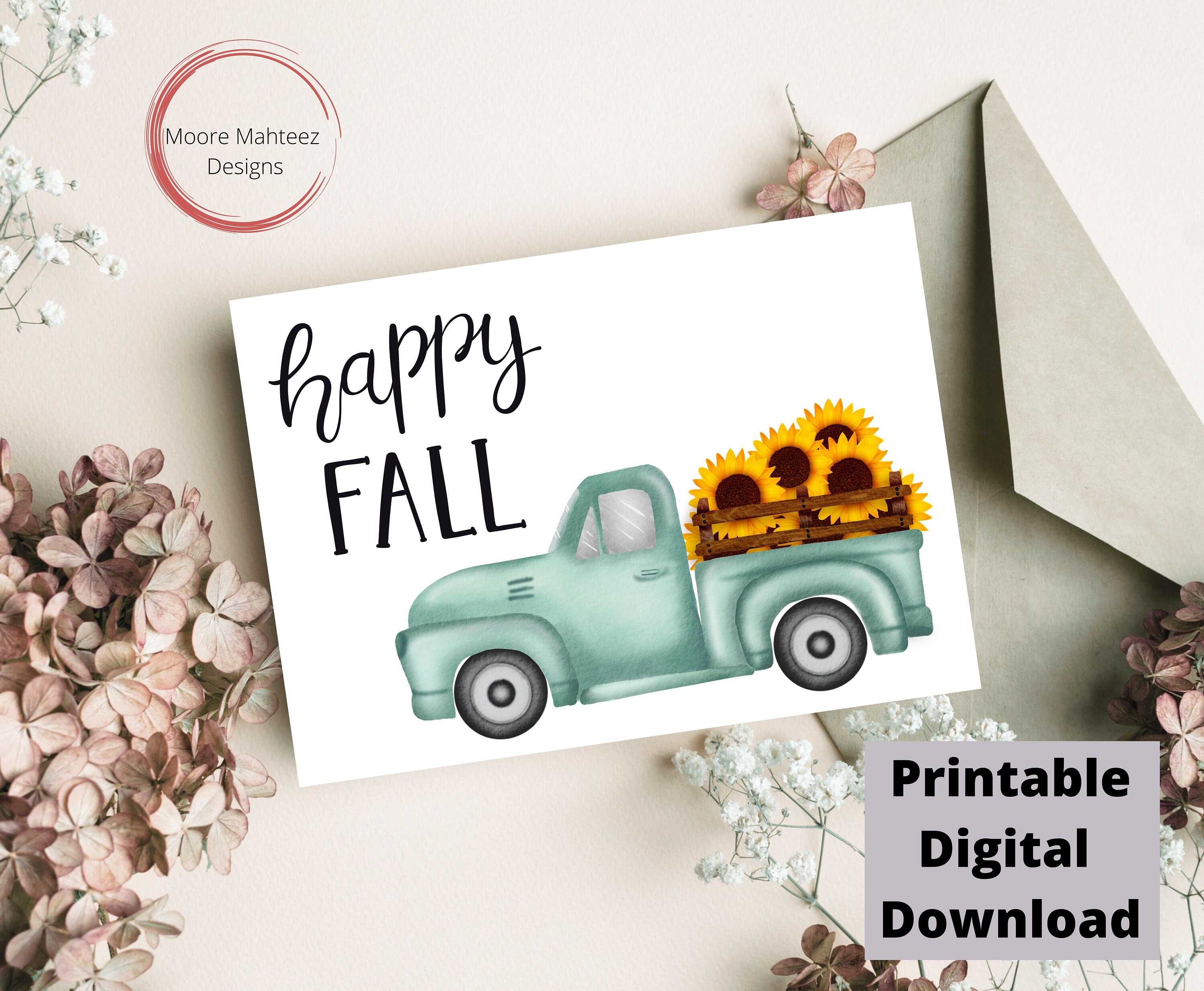Printable Greeting Card | Happy Fall Card | Truck and Sunflowers ...
