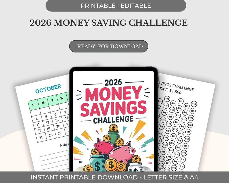 2026 Money Saving Challenge Printable, Savings Tracker Sheet, Budget ...