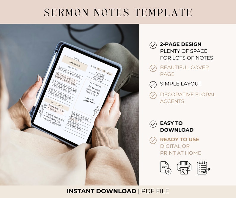 Sermon Notes Template Neutral Colors Church Notes Digital Printable PDF ...