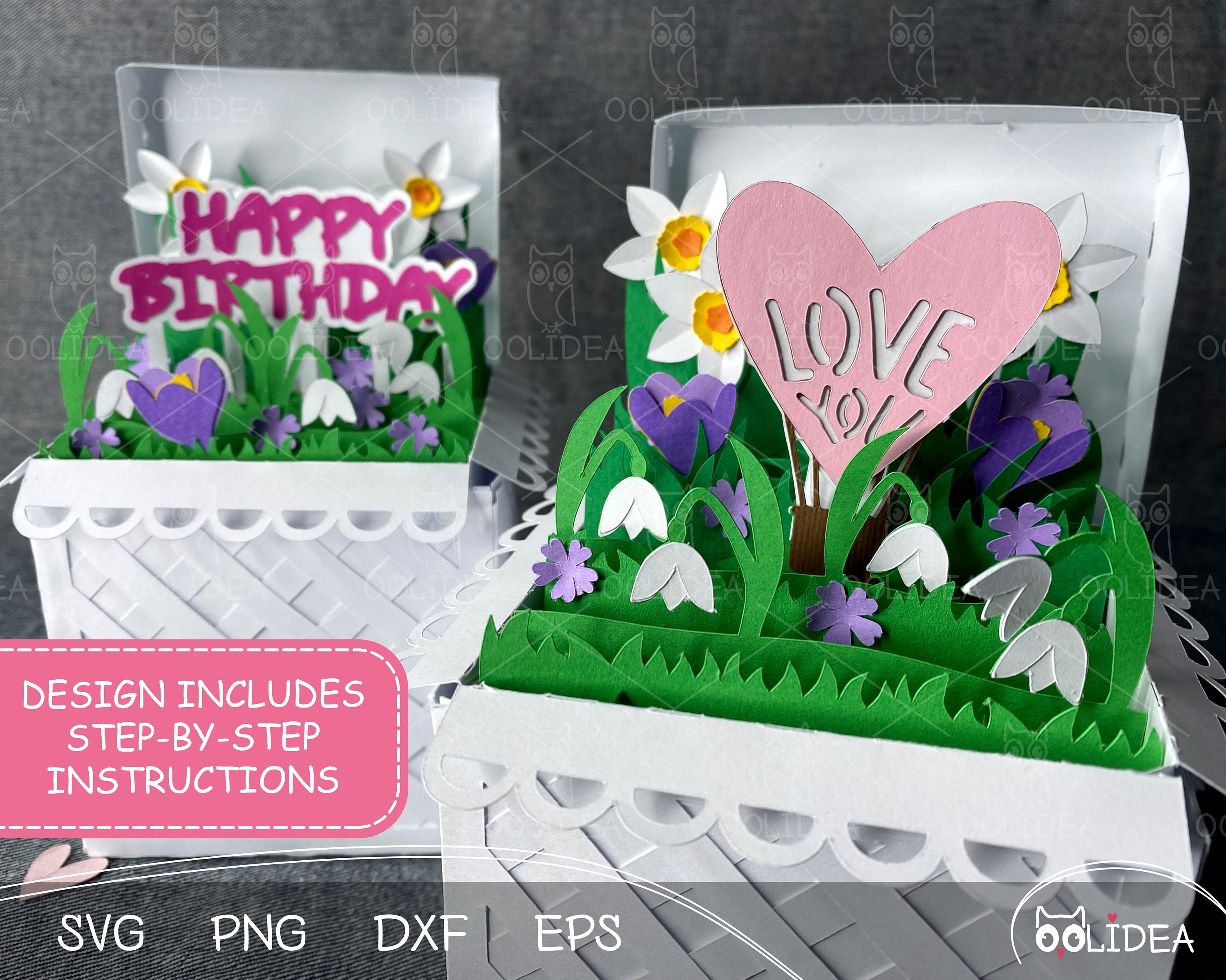 3D Paper Flower Pop-up Gift Box SVG Template: Spring Bouquet (digital ...