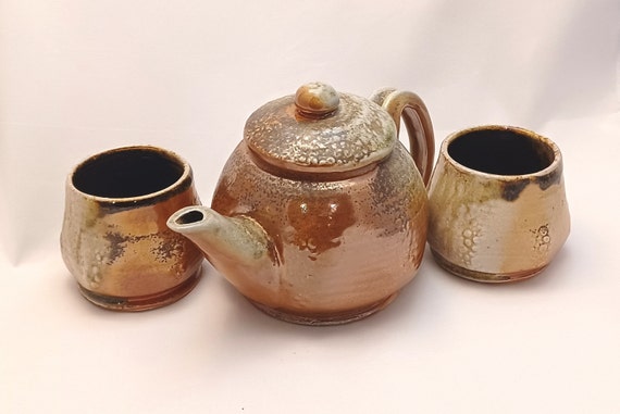 Wood-fired Shino Tea Pot With Two Tea Bowls - Etsy