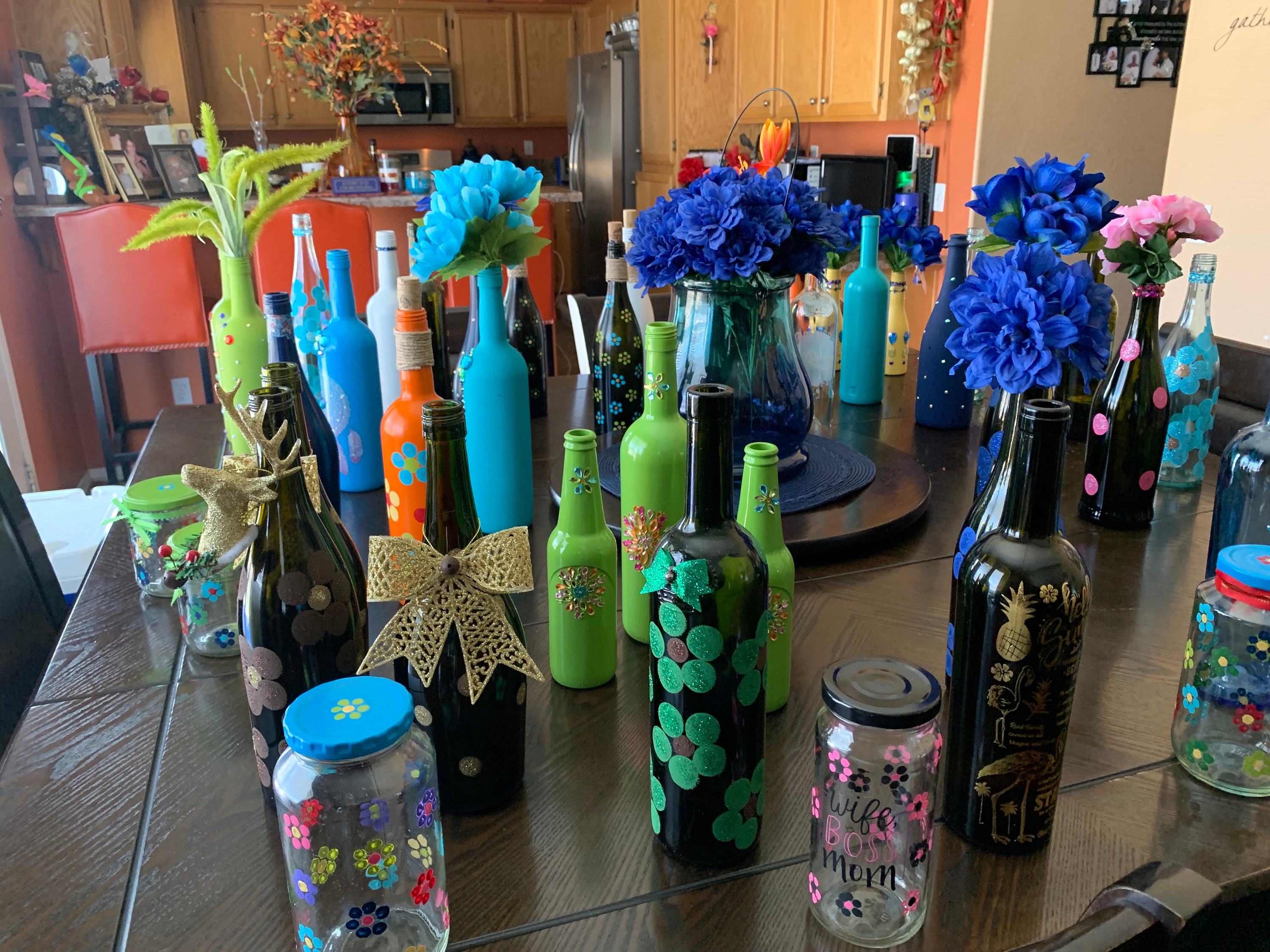 Glass Vase Jar Green Bedazzled Wine Bottle Set, Christmas, Centerpiece ...