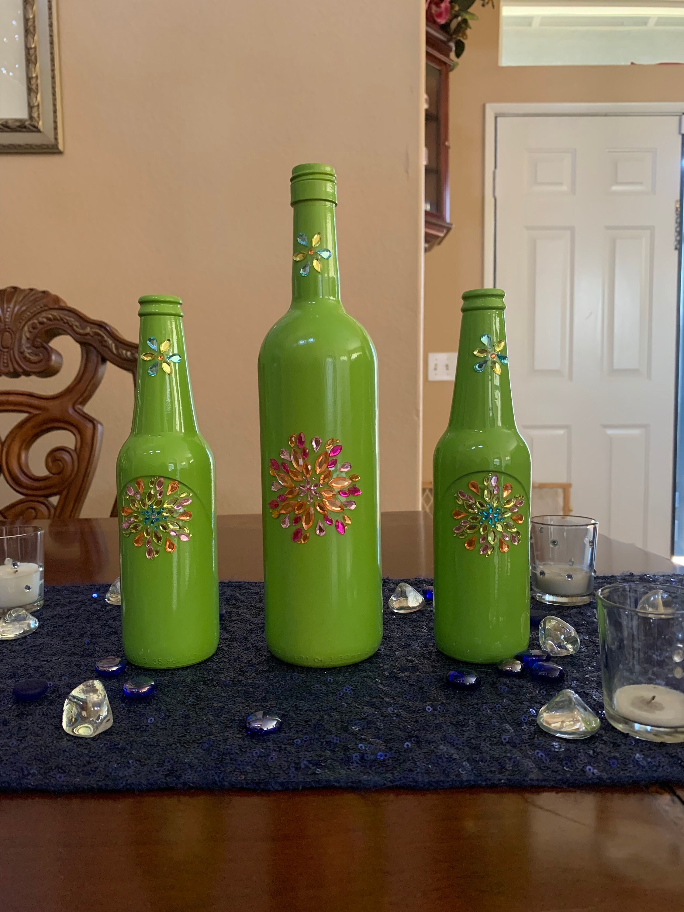 Glass Vase Jar Green Bedazzled Wine Bottle Set, Christmas, Centerpiece ...