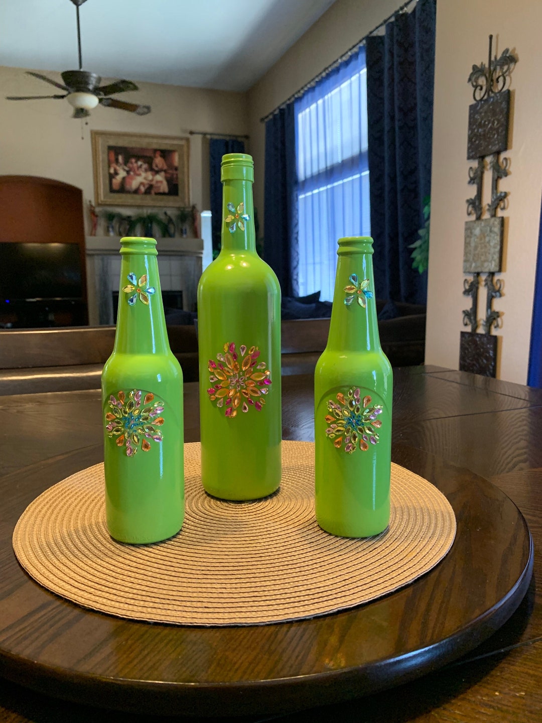 Glass Vase Jar Green Bedazzled Wine Bottle Set, Christmas, Centerpiece ...