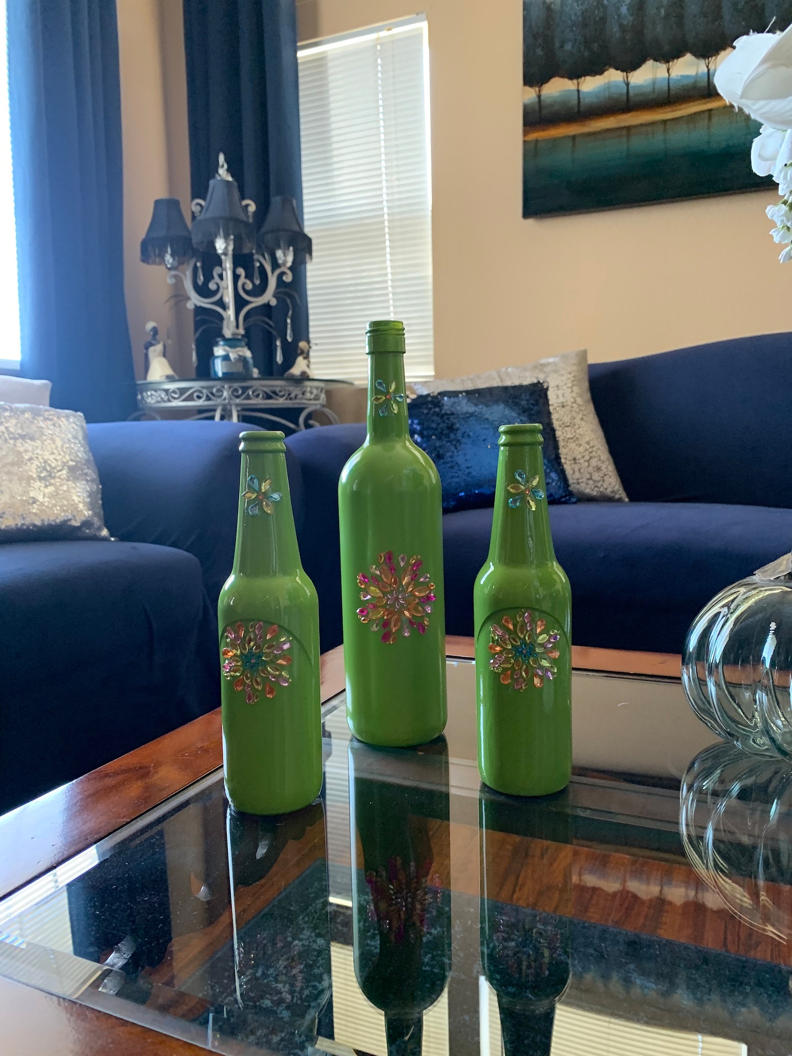 Glass Vase Jar Green Bedazzled Wine Bottle Set, Christmas, Centerpiece ...