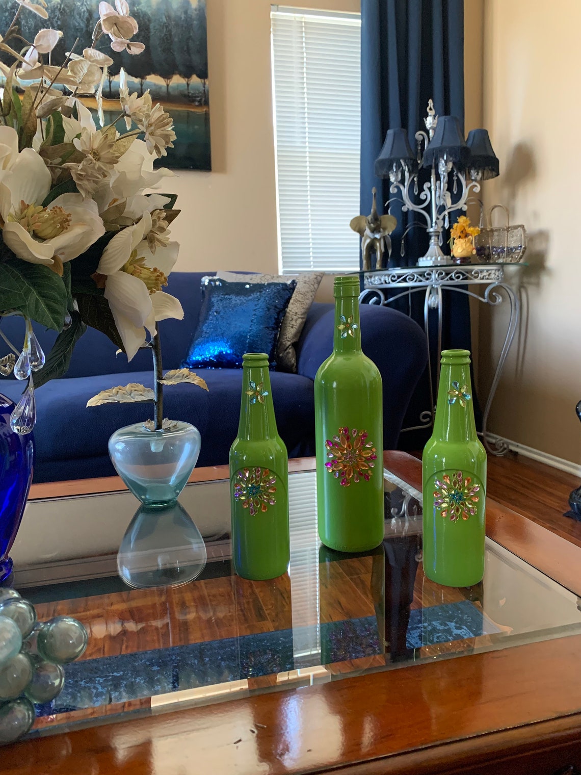 Glass Vase Jar Green Bedazzled Wine Bottle Set, Christmas, Centerpiece ...