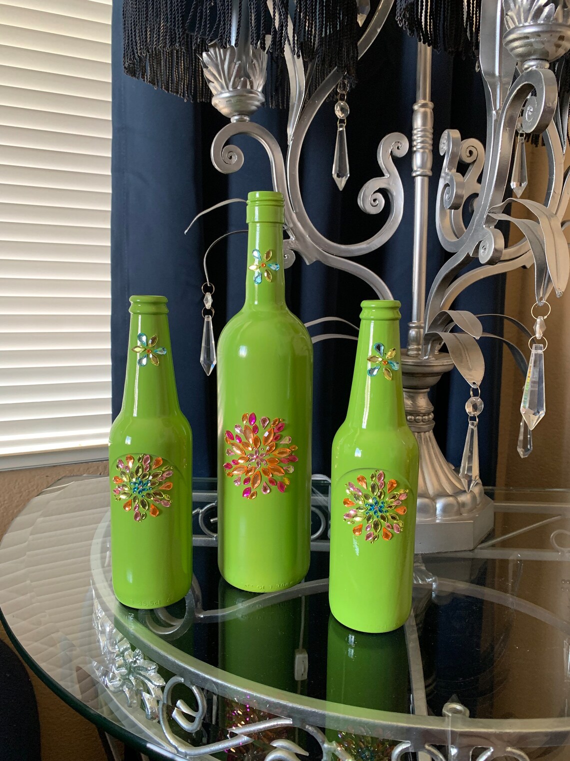 Glass Vase Jar Green Bedazzled Wine Bottle Set, Christmas, Centerpiece ...