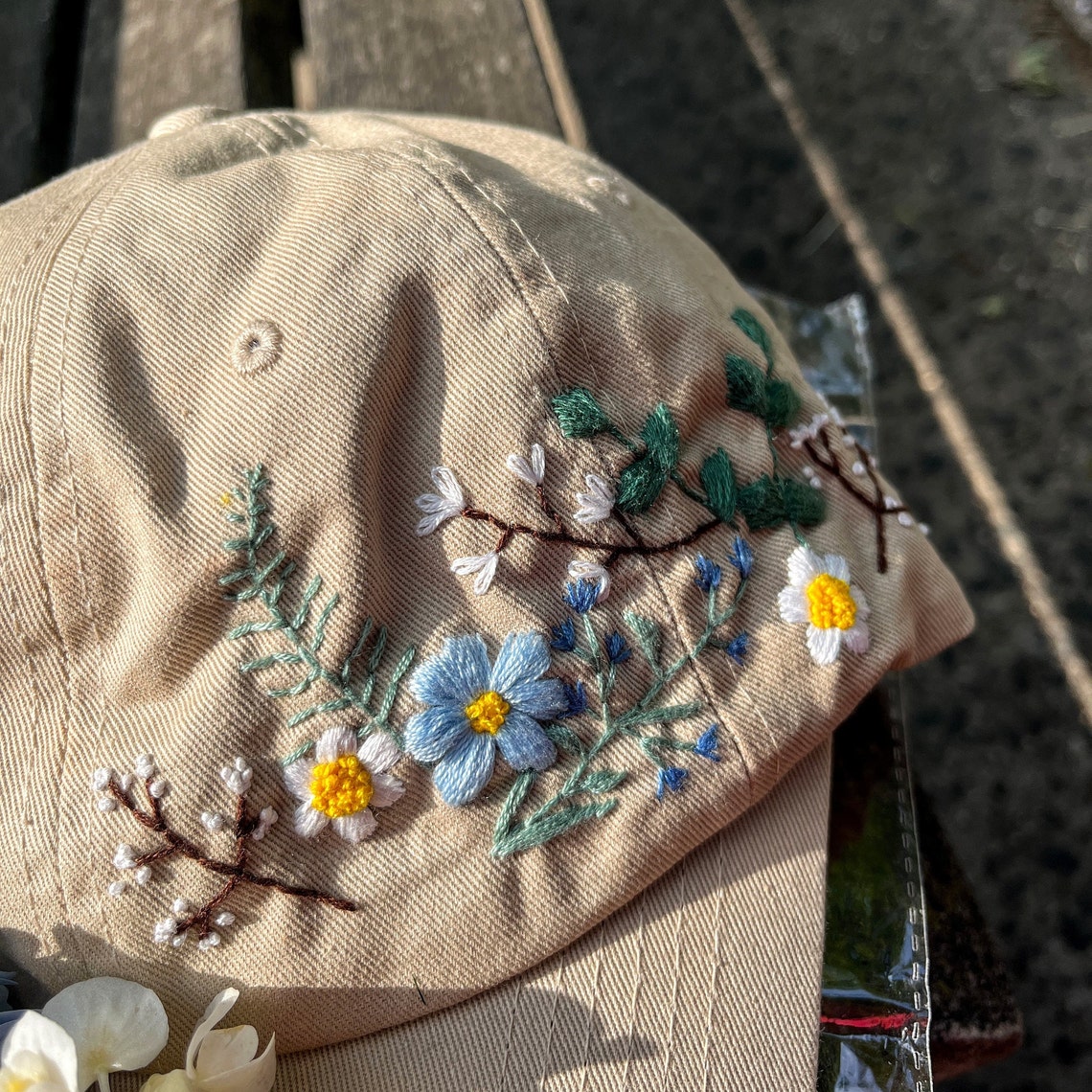 Hand Embroidered Floral Baseball Cap - Etsy