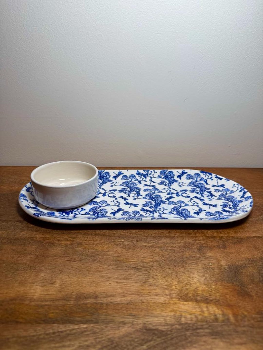 Handmade Ceramic Oval Tray With Condiment Dish , Blue and White Oval ...