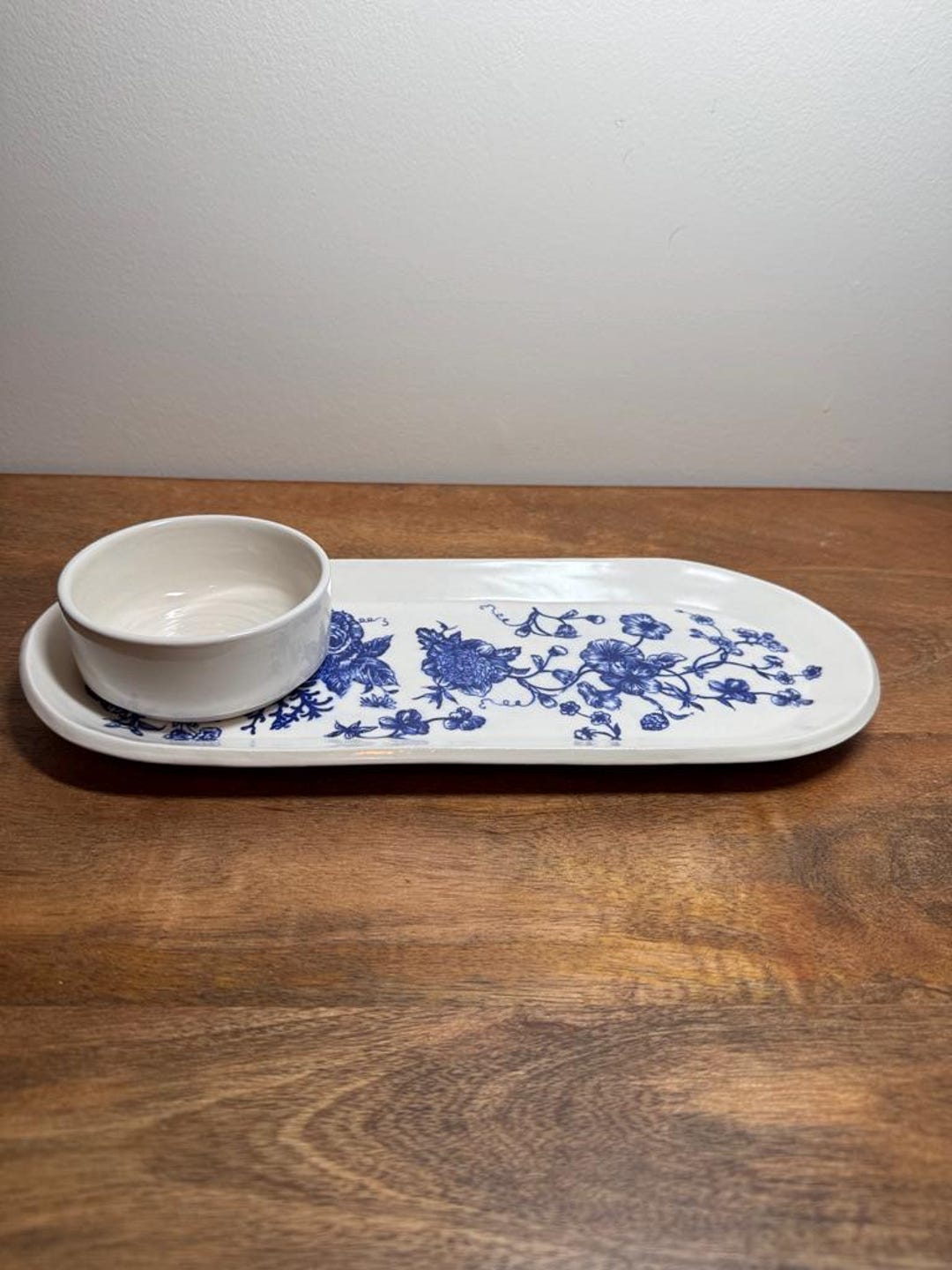 Handmade Ceramic Oval Tray With Condiment Dish , Blue and White Oval ...