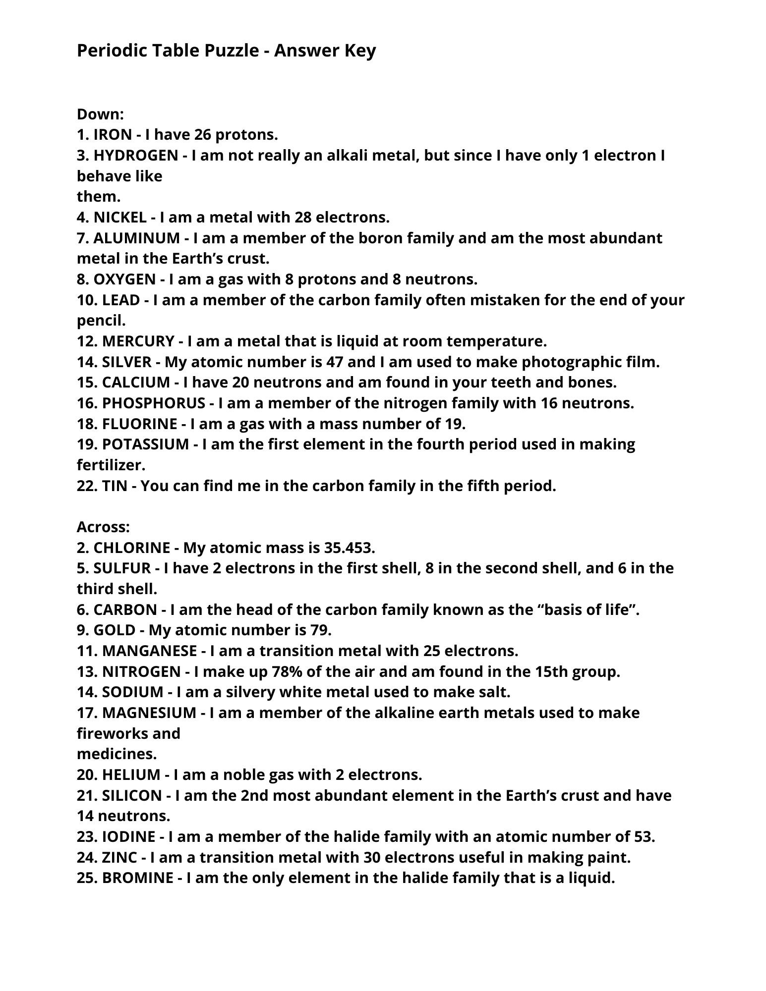 Periodic Chart Worksheets and Crossword Puzzle - Etsy