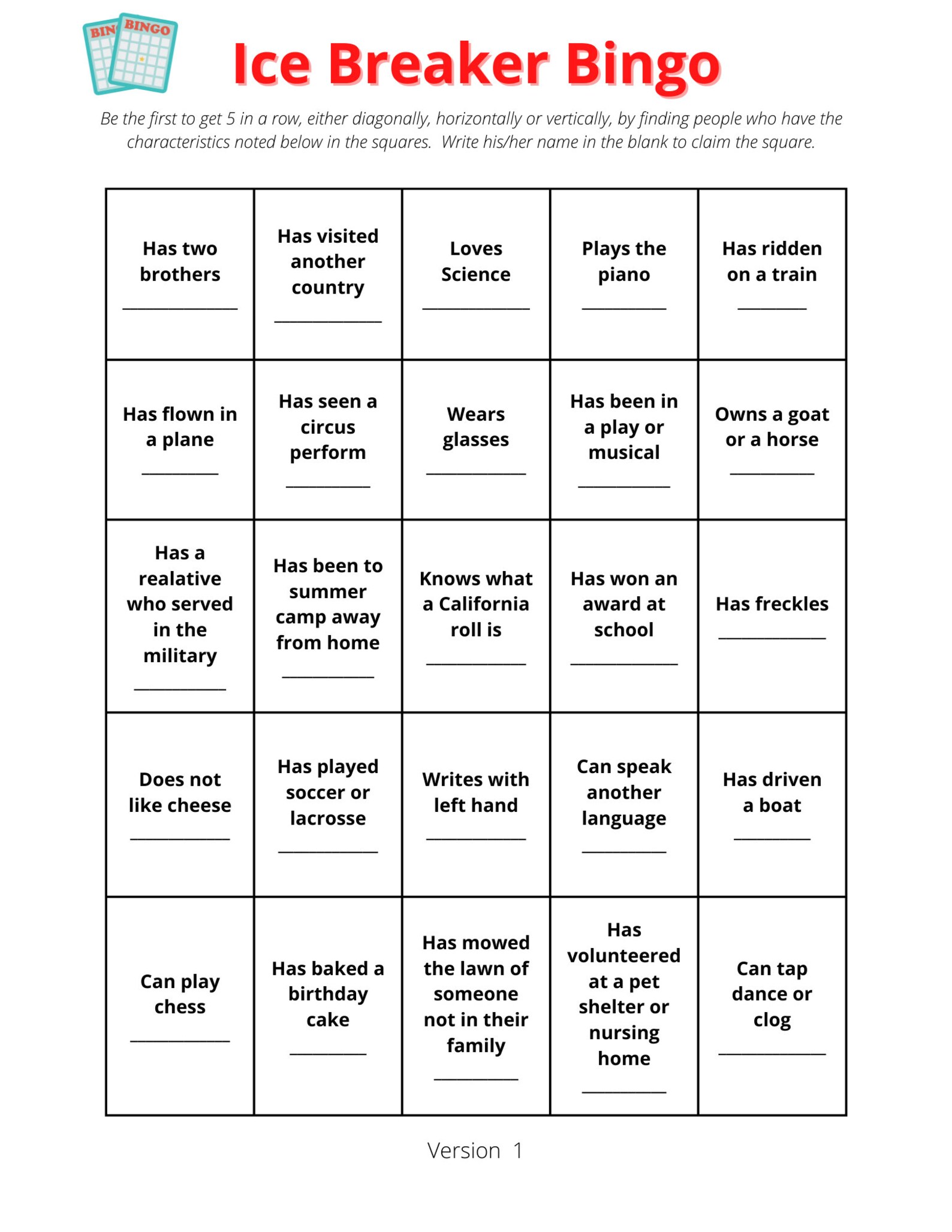 Ice Breaker Bingo - 2 Versions for High School and College Students - Etsy
