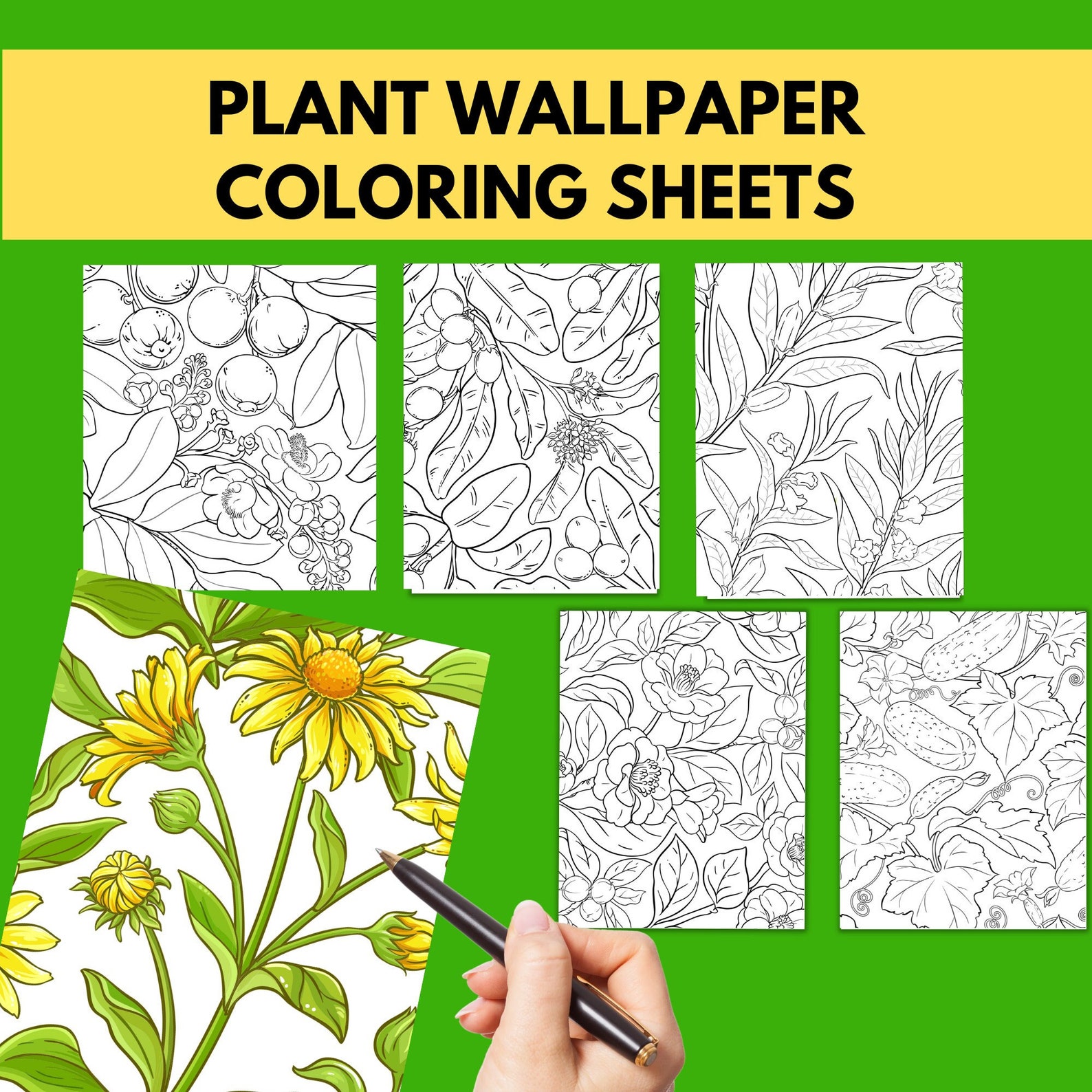 Plant Wallpaper Coloring Sheets - Etsy