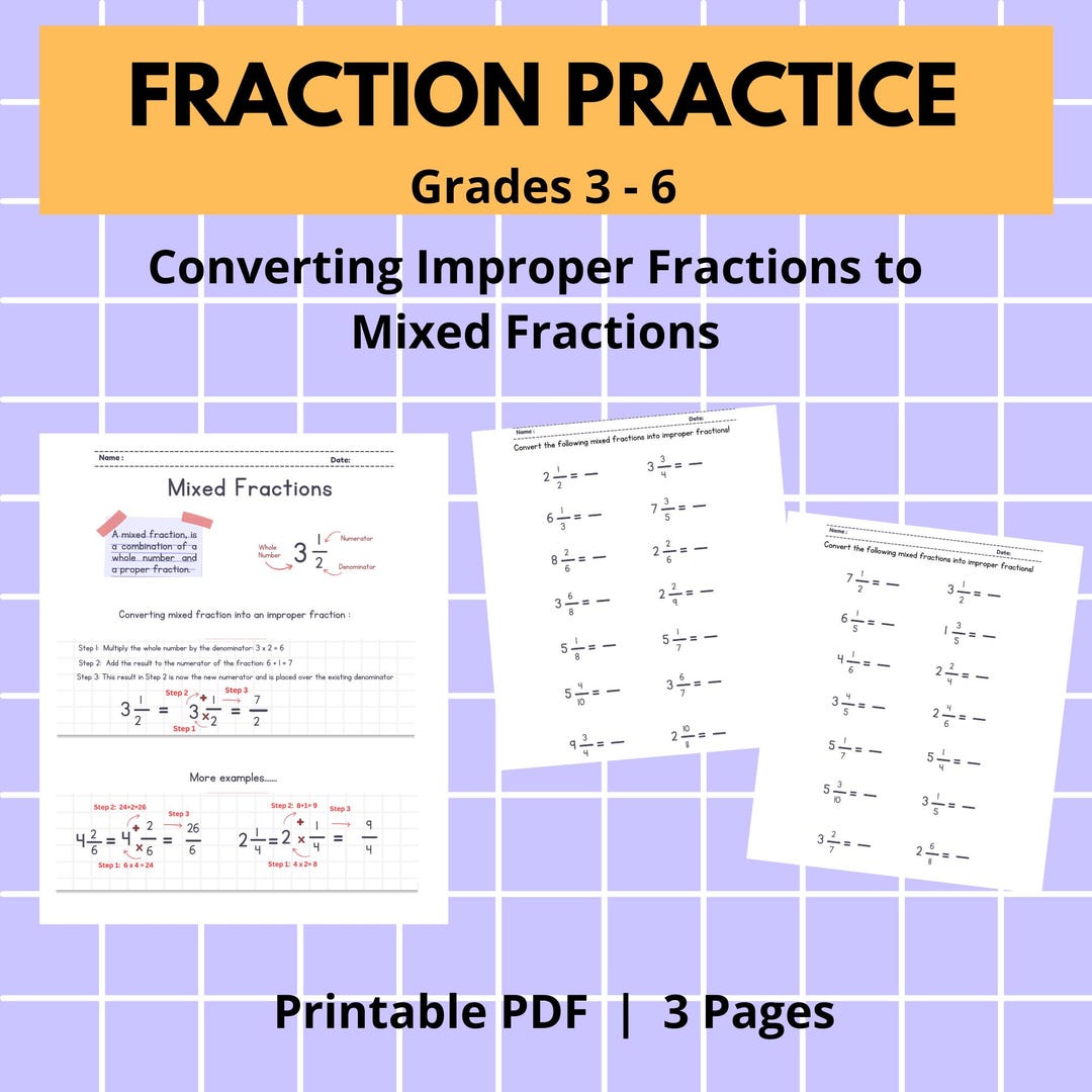 Fraction Practice - Converting Improper Fractions to Mixed Fractions - Etsy