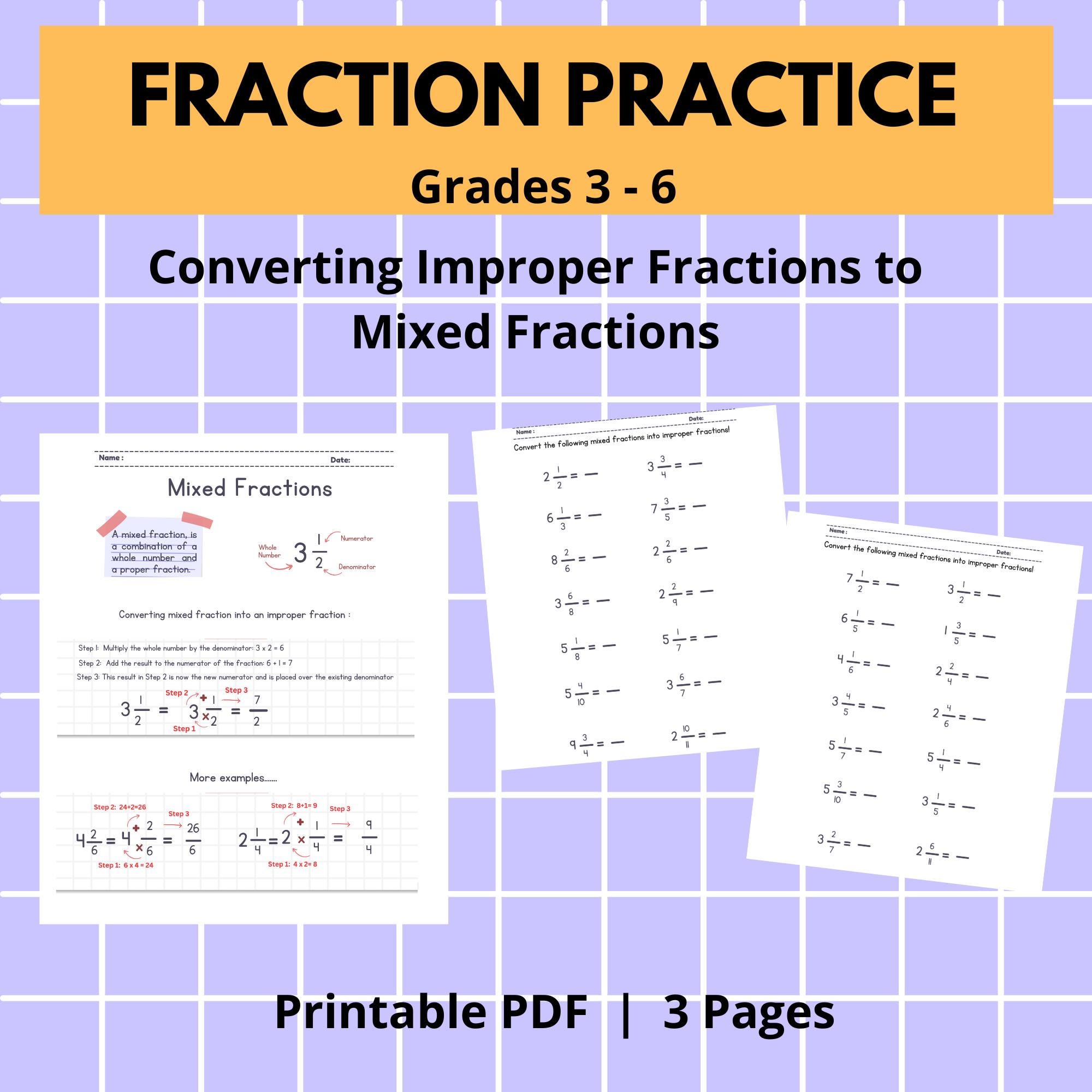 Fraction Practice - Converting Improper Fractions to Mixed Fractions - Etsy