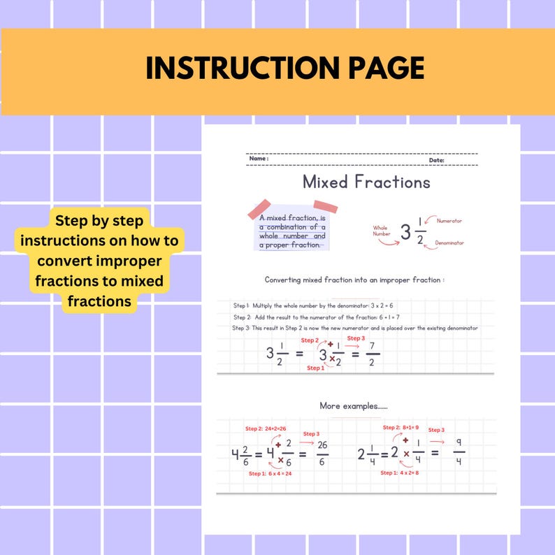 Fraction Practice Converting Improper Fractions to Mixed Fractions - Etsy