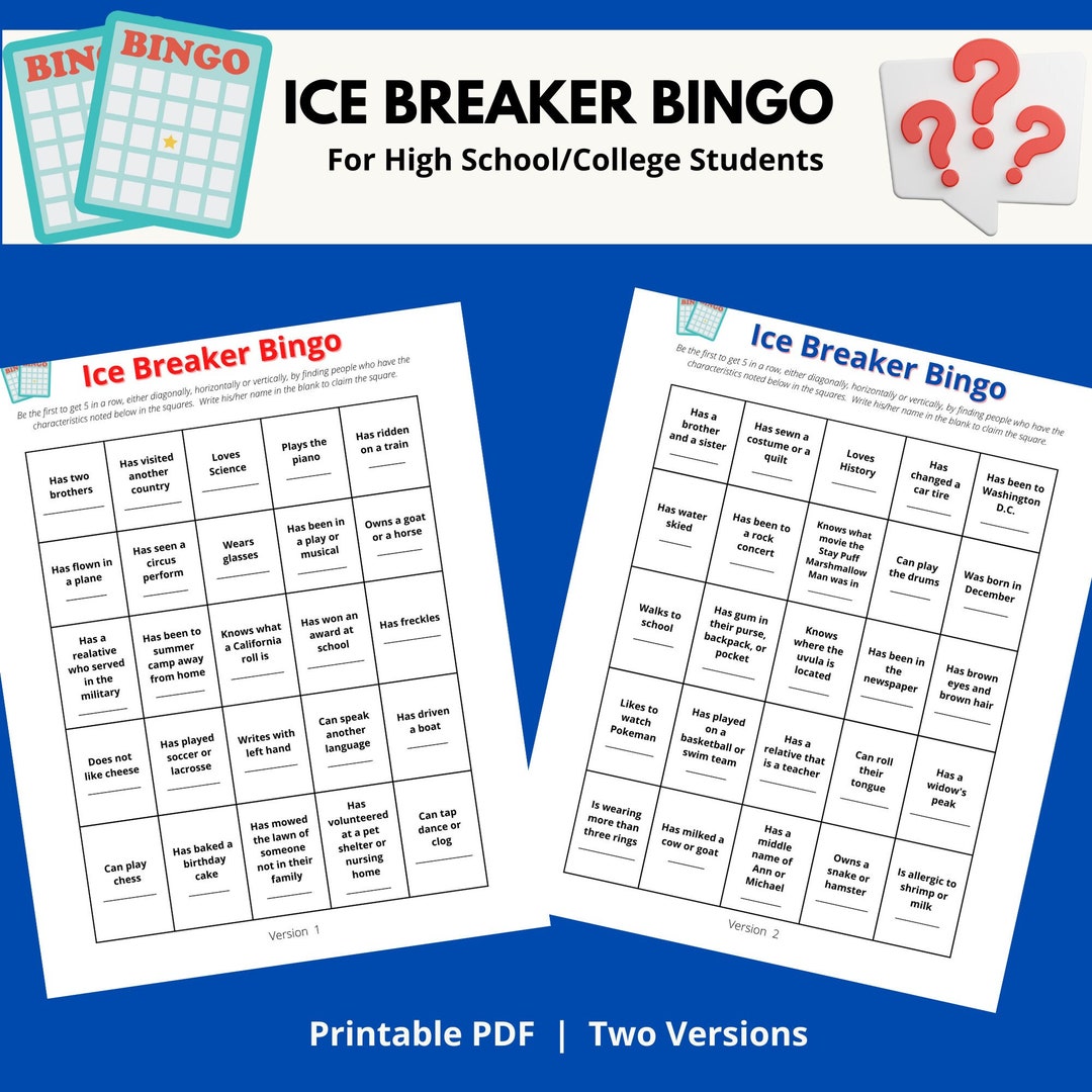 Ice Breaker Bingo - 2 Versions for High School and College Students - Etsy