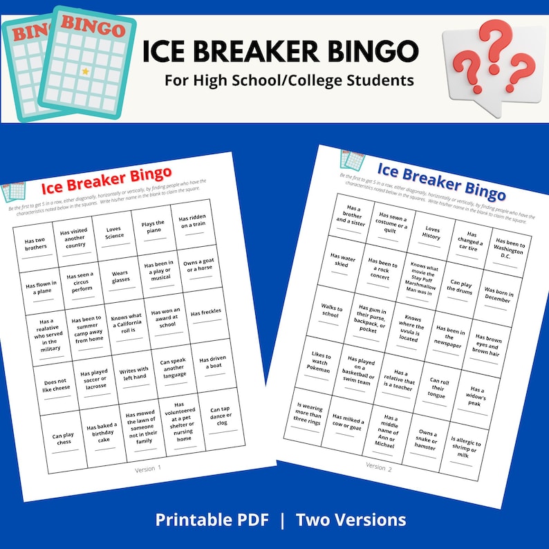 Ice Breaker Bingo - 2 Versions for High School and College Students - Etsy