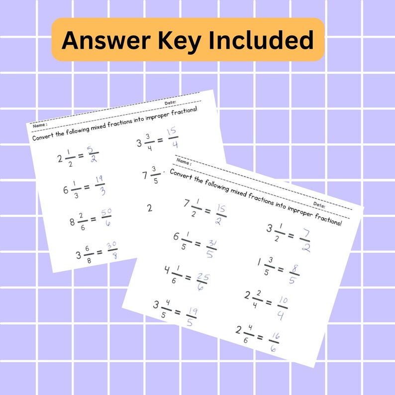 Fraction Practice Converting Improper Fractions to Mixed Fractions - Etsy