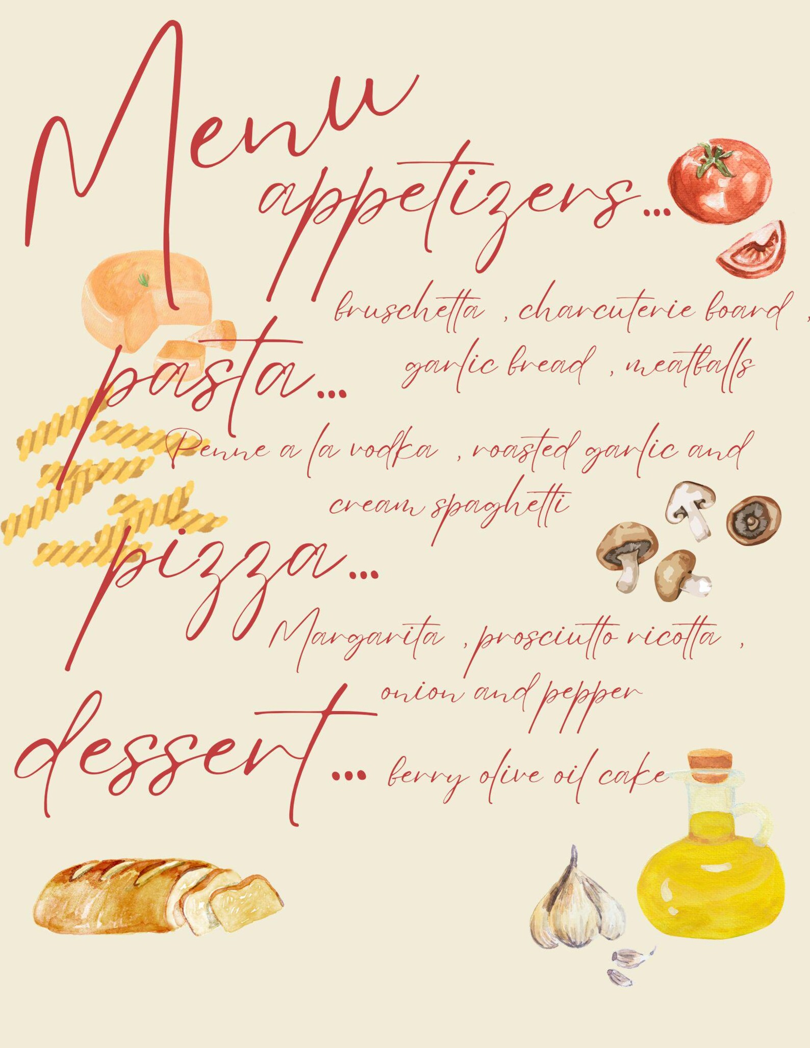 Italian Dinner Party Menu - Editable Menu- Wedding Menu - Bridal Shower ...