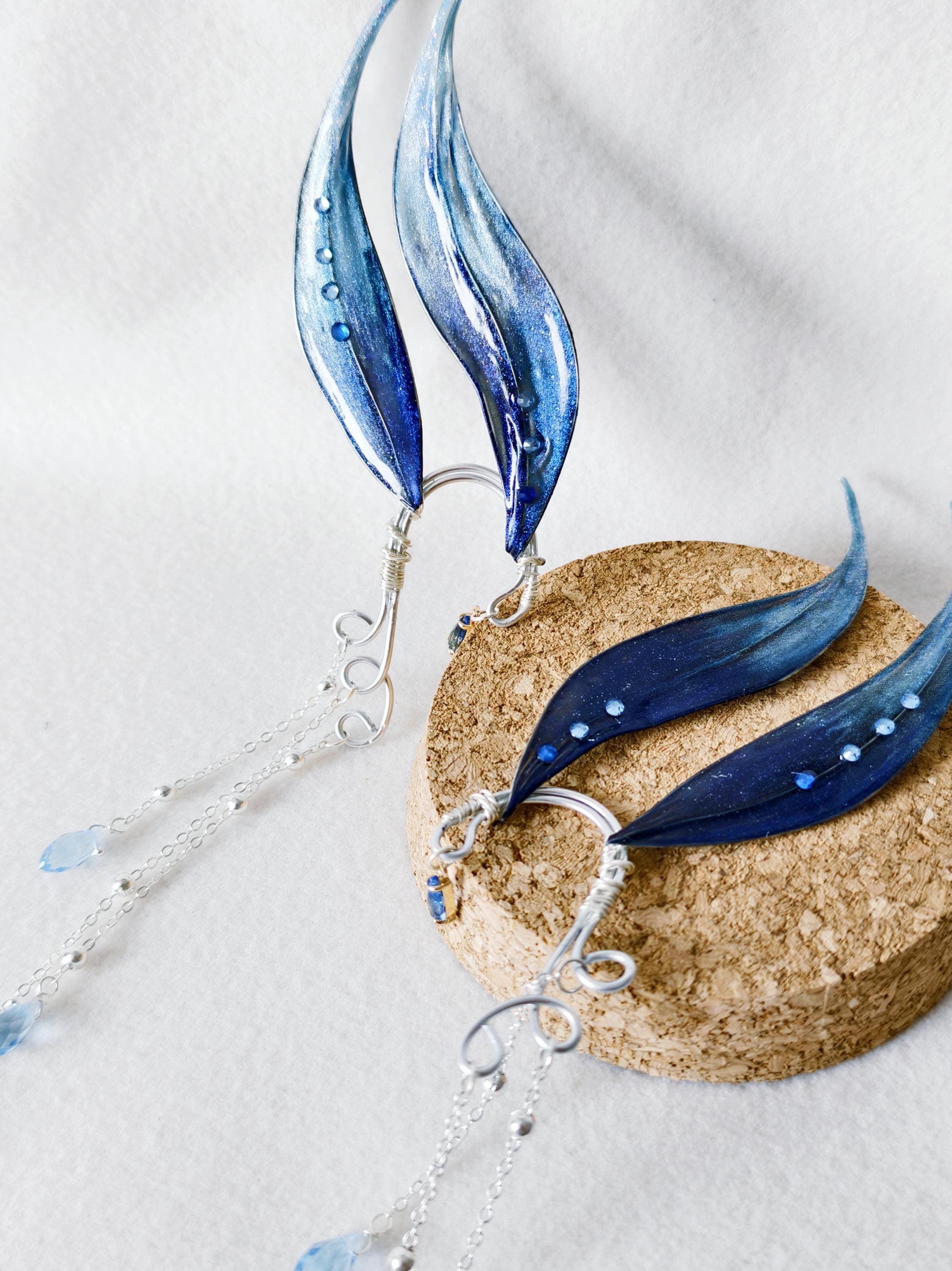 Blue Elf Ear Cuffs, Mermaid Earring, Non Piercing Wrapped Fairy Ears ...