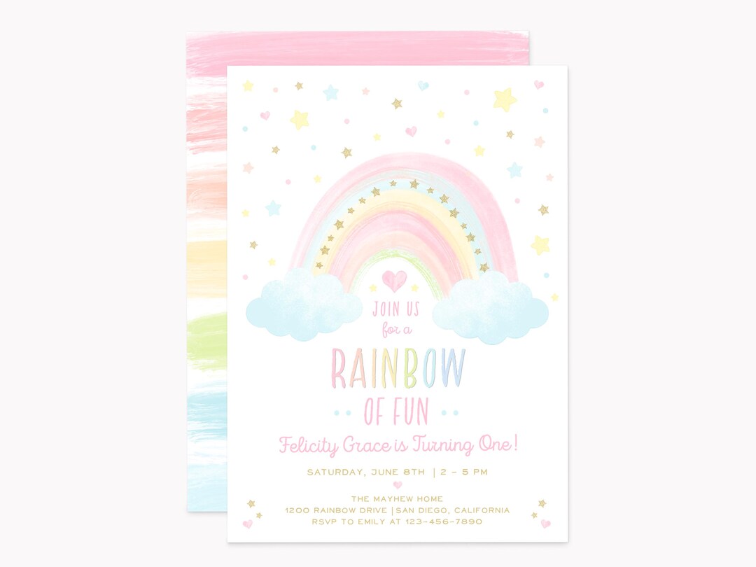 Printed Pastel Rainbow Invitation Set | Custom Watercolor Birthday ...