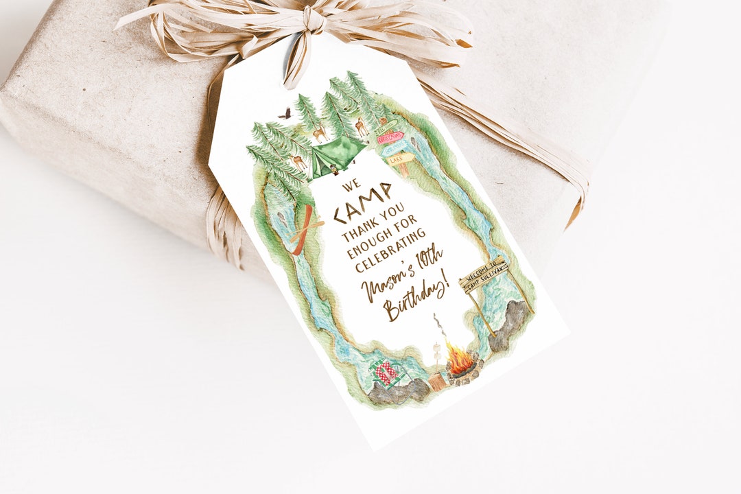 Summer Camp Gift Tag Custom Watercolor Outdoorsy Birthday Party Favor ...