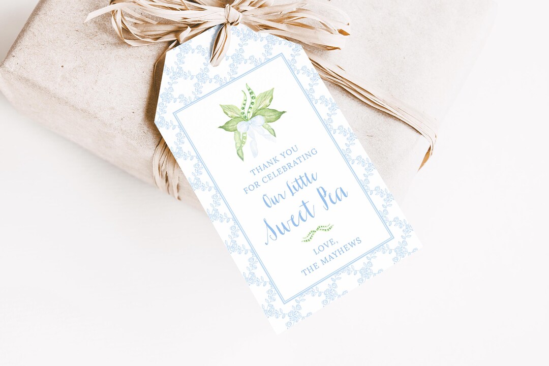 Printed Sweet Pea Gift Tag Set | Custom 2.25x4 Blue Baby Shower Party ...