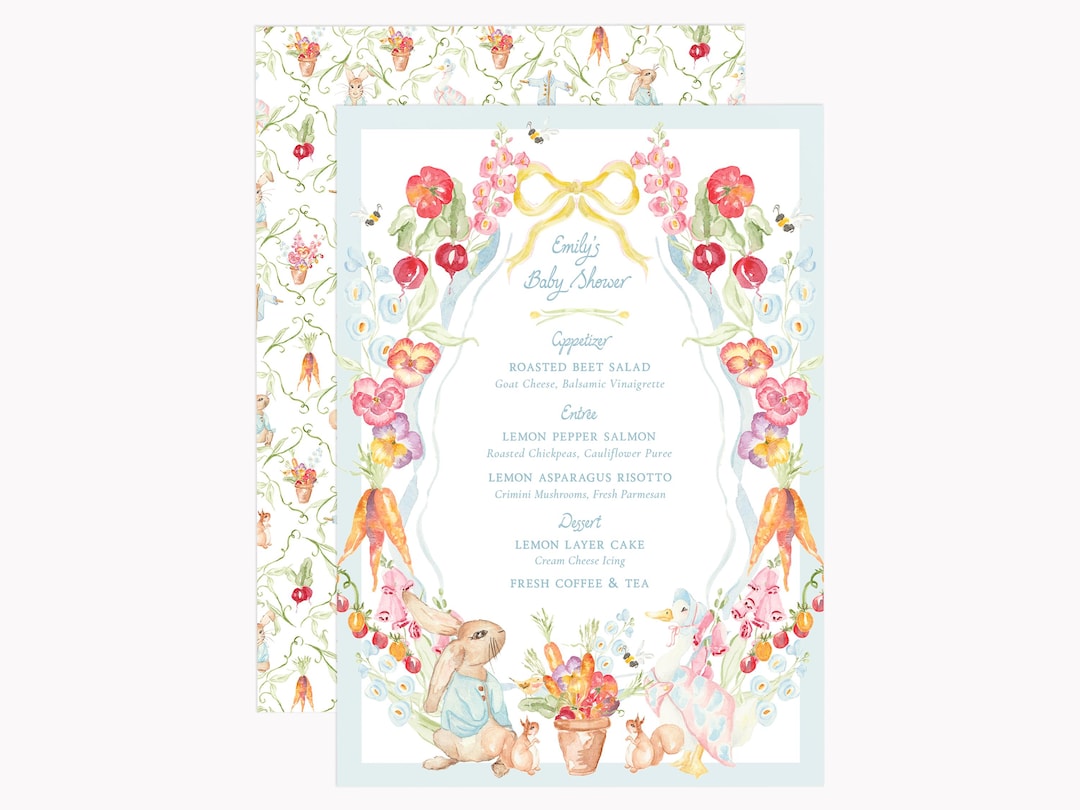 Peter Rabbit Garden Menus | Custom 5x7 Spring Baby in Bloom Shower Menu ...