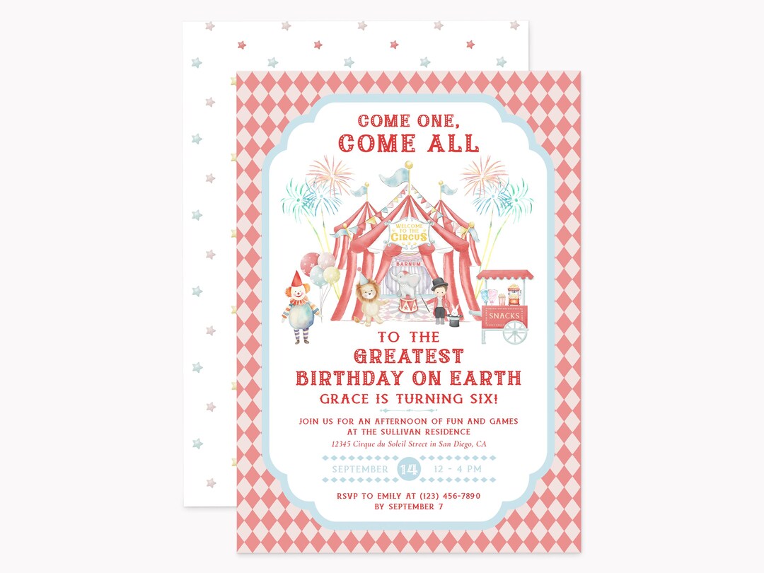 Big Top Circus Birthday Invitation Set Custom 5x7 Greatest Birthday on ...