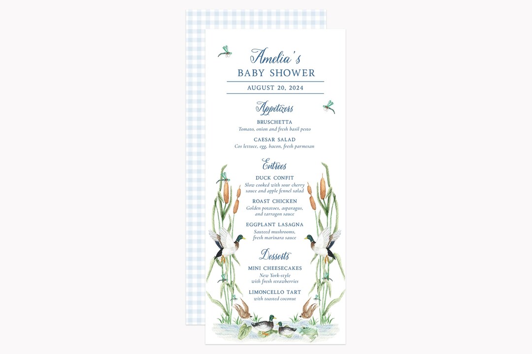 Printed Mallard Duck Menu Set Custom Boy Baby Shower Menus Personalized ...