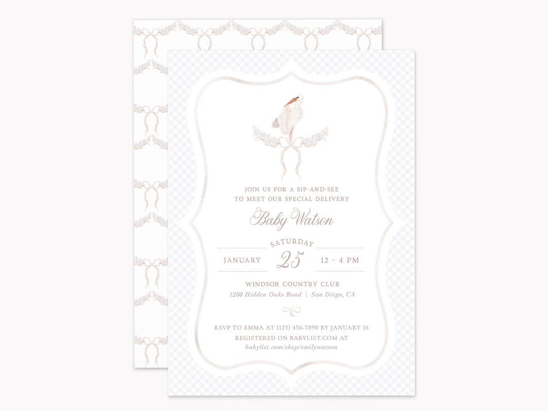 Printed White Stork Party Invitation Custom 5x7 Gender Neutral Baby ...