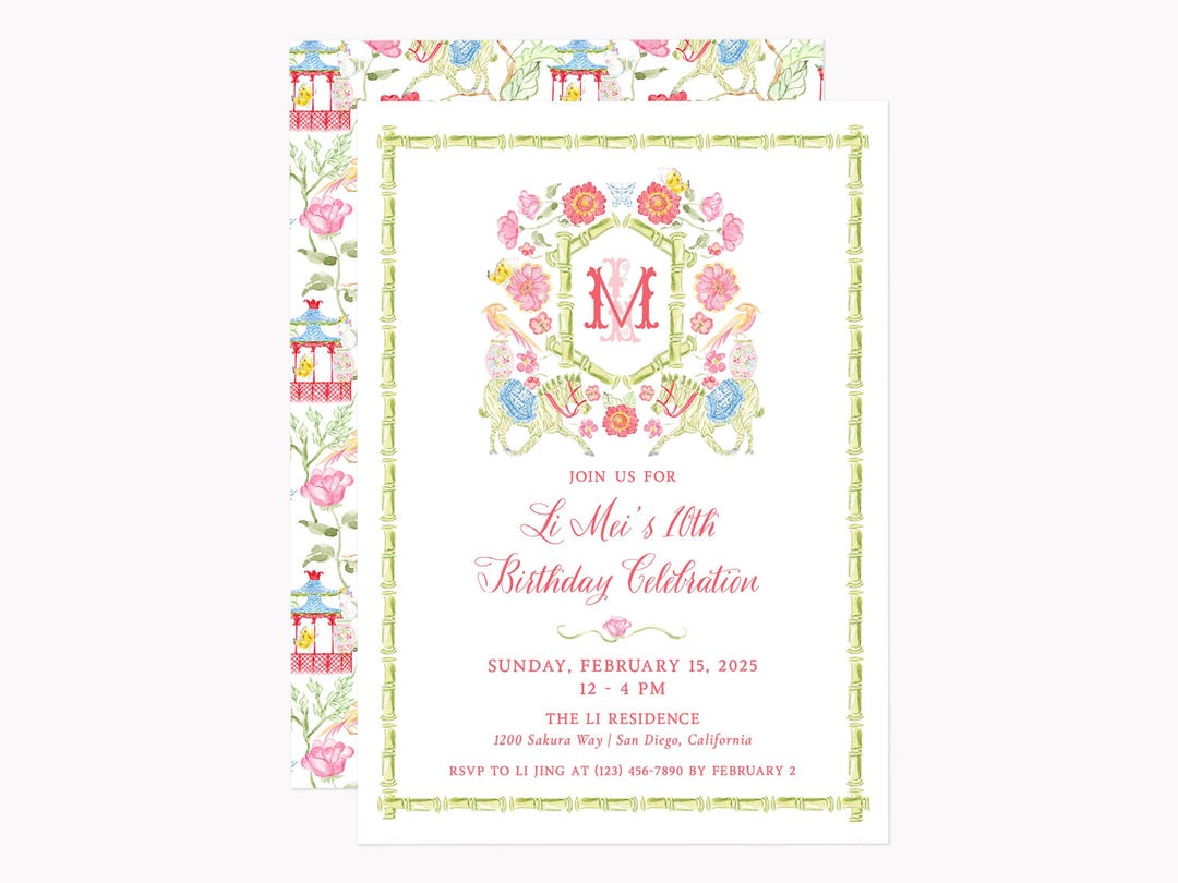 Printed Asian Inspired Floral Invitation Set | Custom Monogram Crest ...
