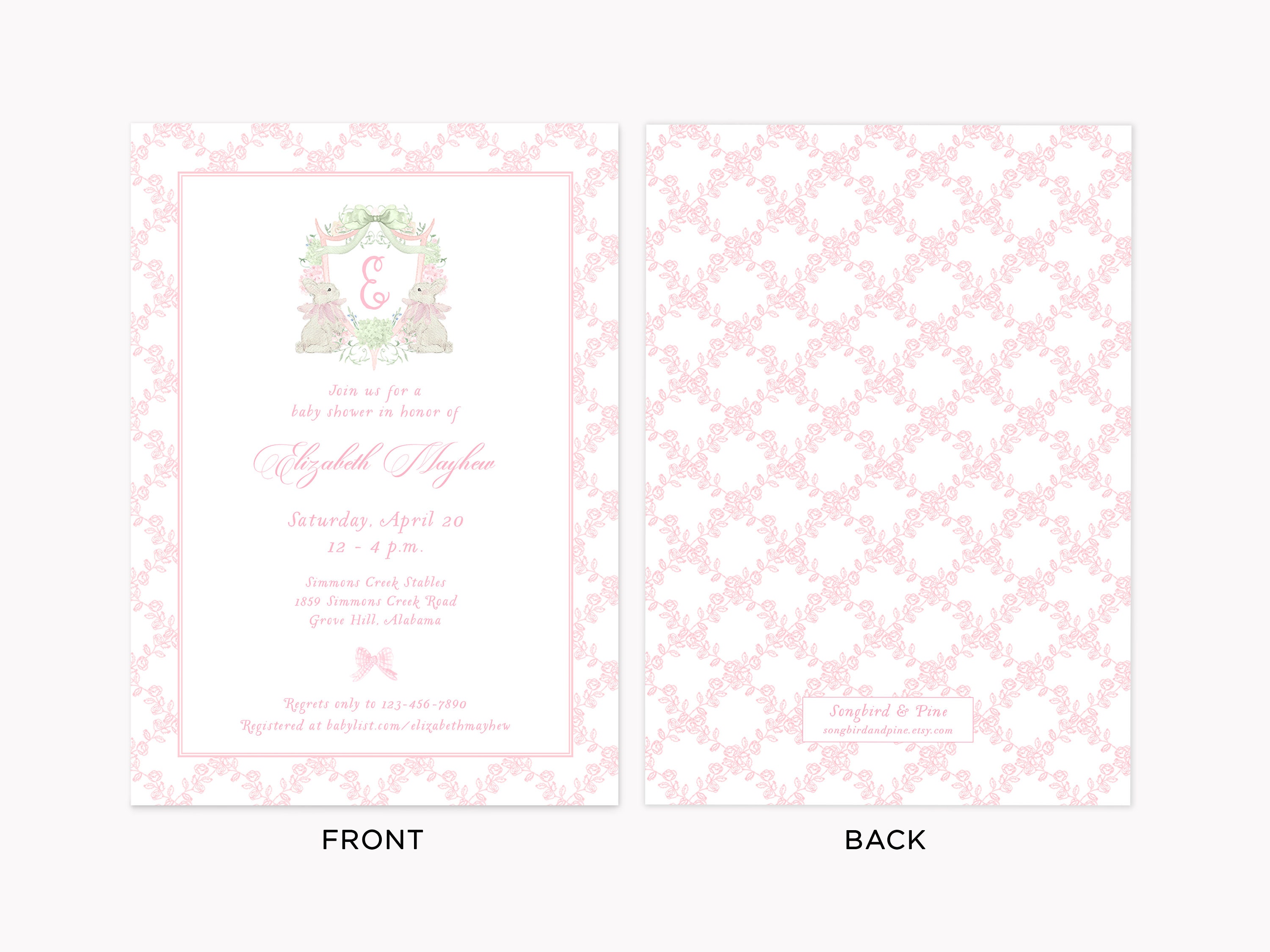 Printed Spring Bunny Crest Invitation Set Personalized 5x7 Party ...