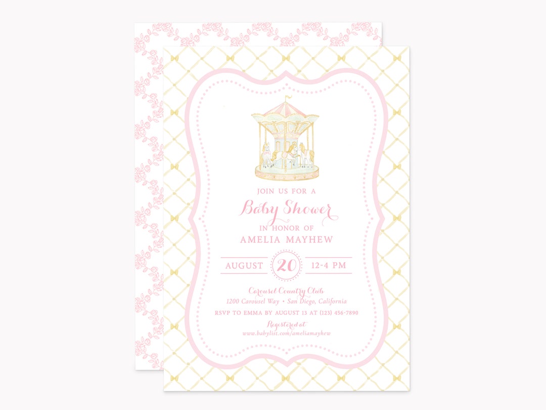 Pink Carousel Invitation Set Custom 5x7 Girl Baby Shower Invitations ...