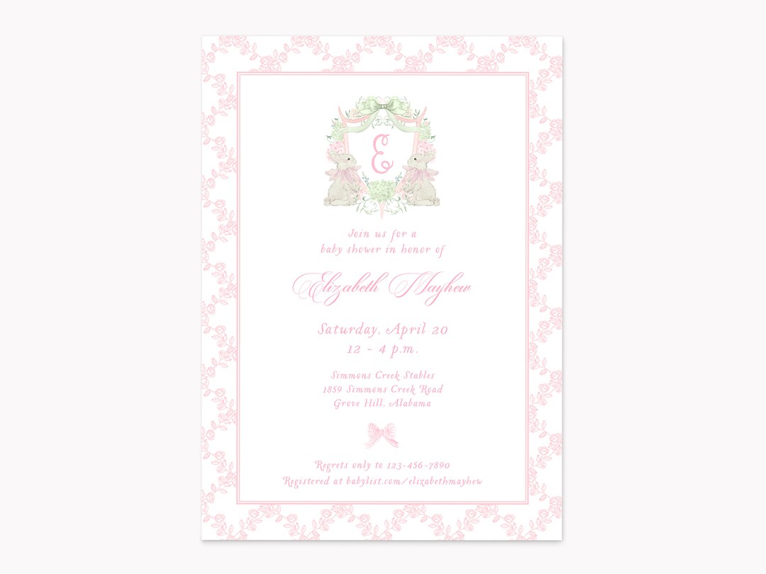 Printed Spring Bunny Crest Invitation Set Personalized 5x7 Party ...