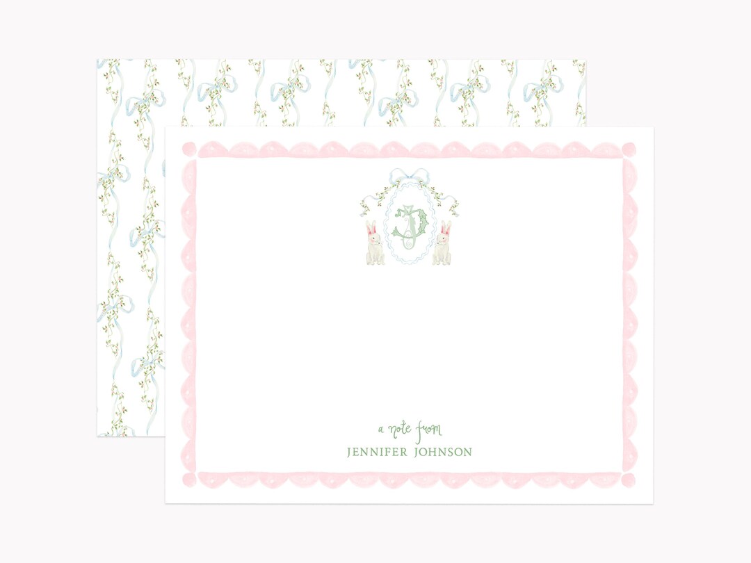 Printed Blushing Bunny Crest Stationery Set | Custom Easter Rabbit ...