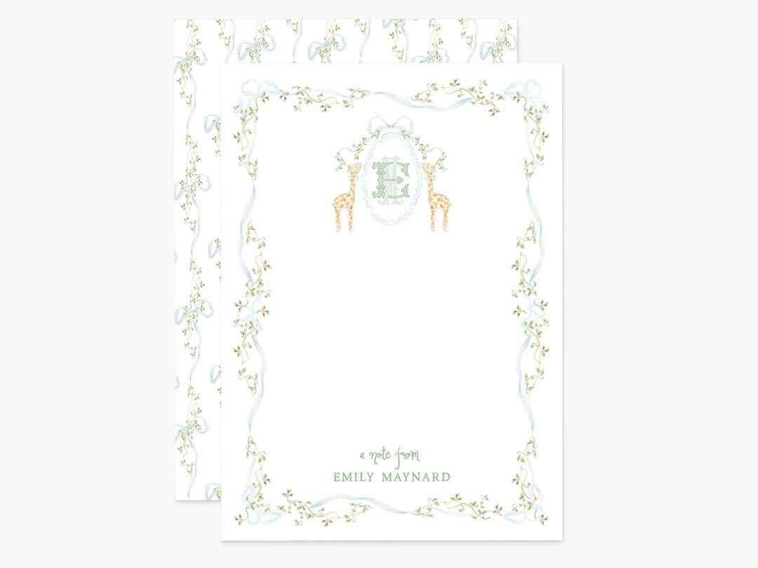 Printed Baby Giraffe Stationery Set | Custom Spring Monogram Crest Note ...