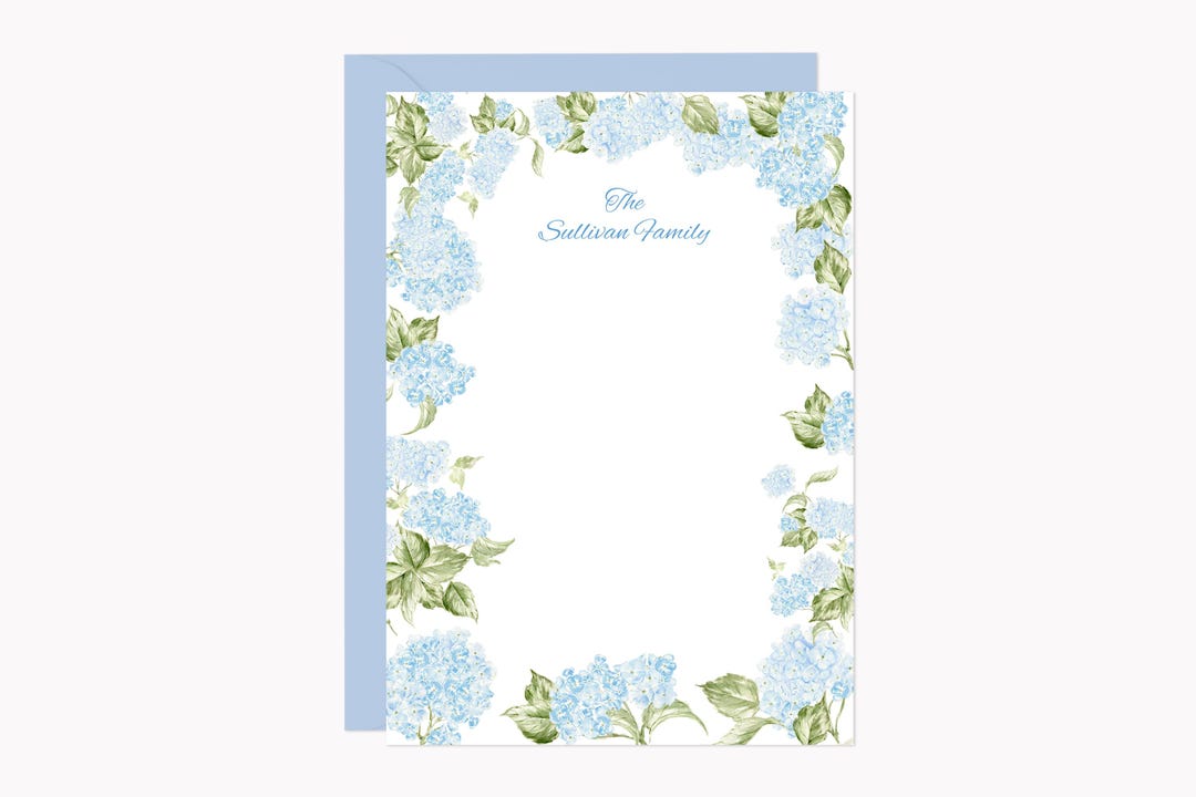 Blue Hydrangeas Stationery Set Custom 5x7 Watercolor Hydrangea Note ...