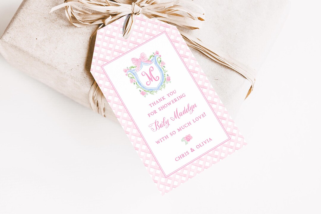 Printed Pink Bow Floral Crest Gift Tag Set | Custom 2.25x4 Monogram ...