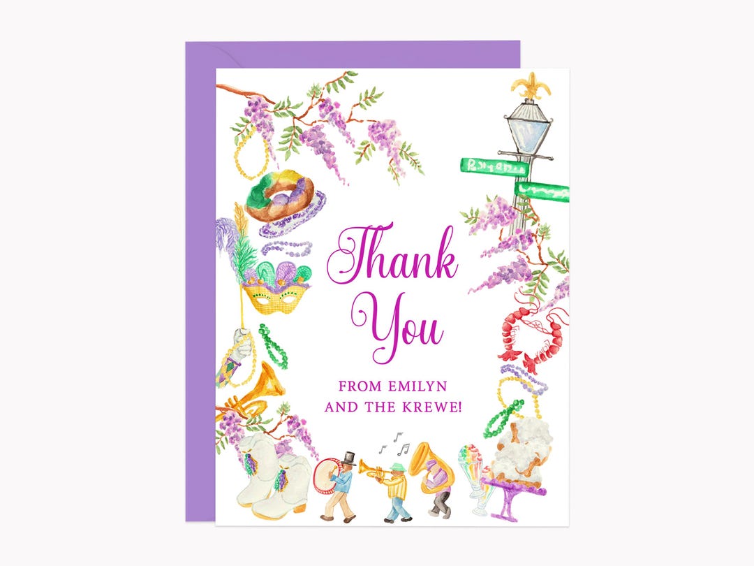 Printed Mardi Gras Stationery Set | Custom Watercolor Fat Tuesday Thank ...